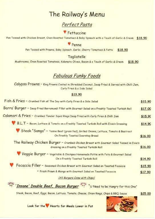 Menu at Railway Hotel restaurant, Gympie