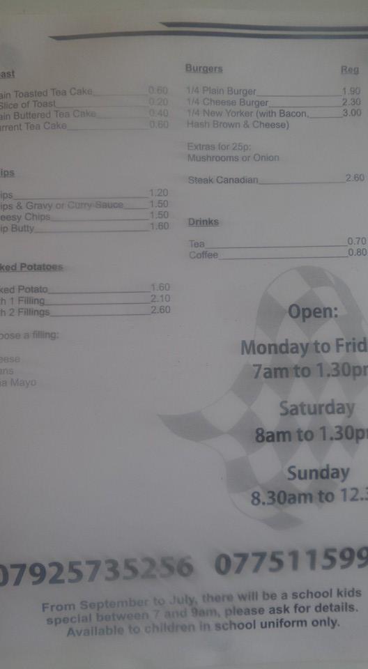 Menu at Pit Stop Sandwich Shop, Wakefield