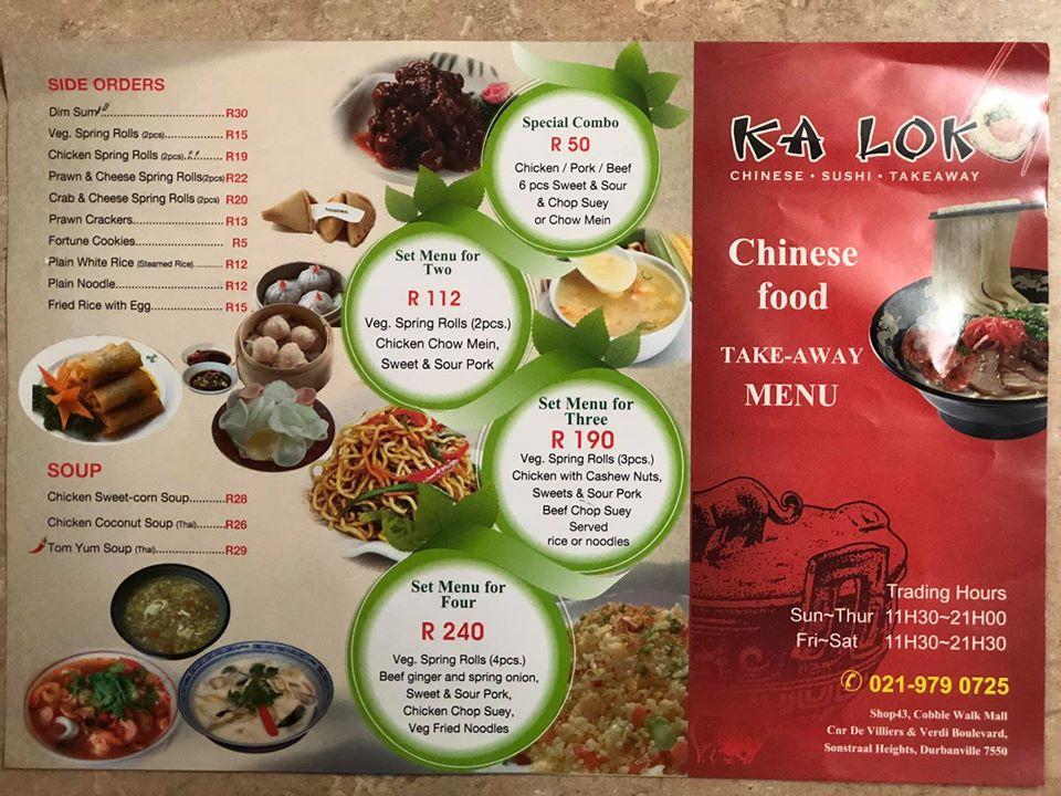 Menu at Ka Lok restaurant, Cape Town