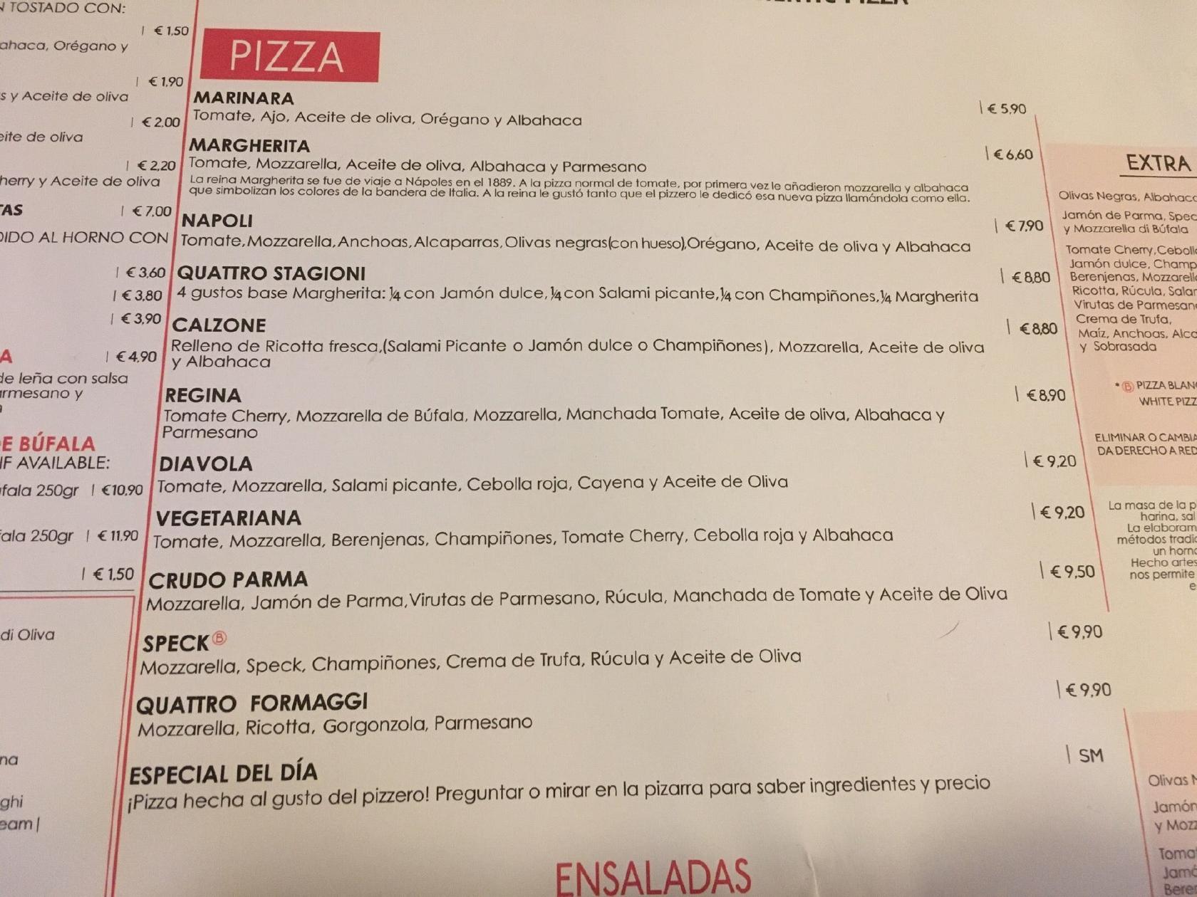 Carta de pizzería NAP Authentic Pizza, Madrid