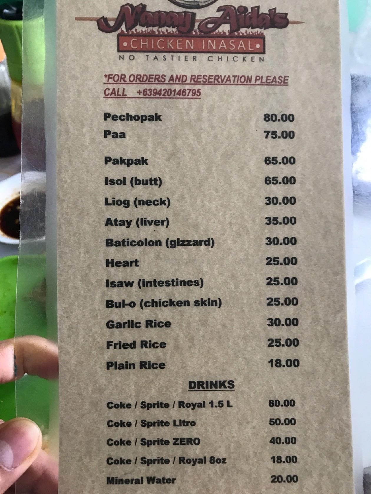 Menu at Nanay Aida's Chicken Inasal- Aidaliciois restaurant, Cebu City