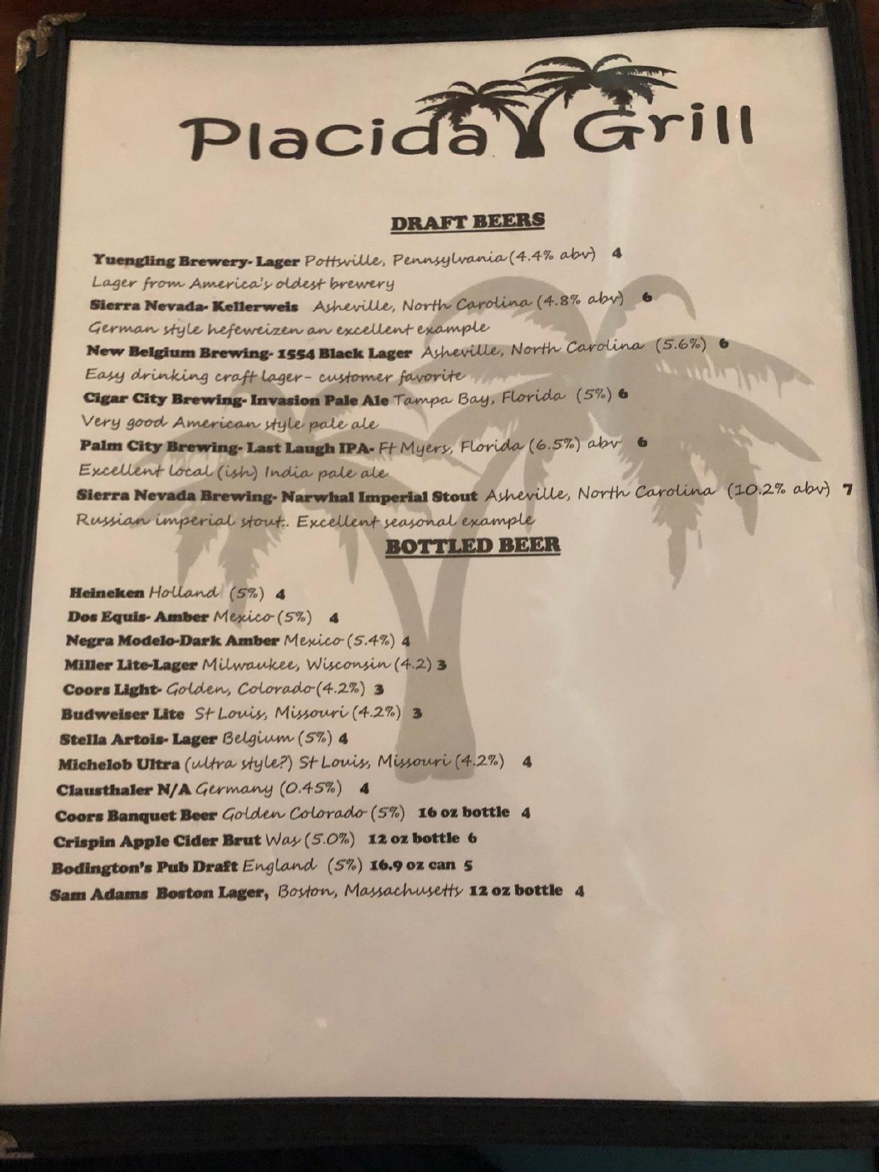Menu at Placida Grill restaurant, Englewood, Placida Rd UNIT 100