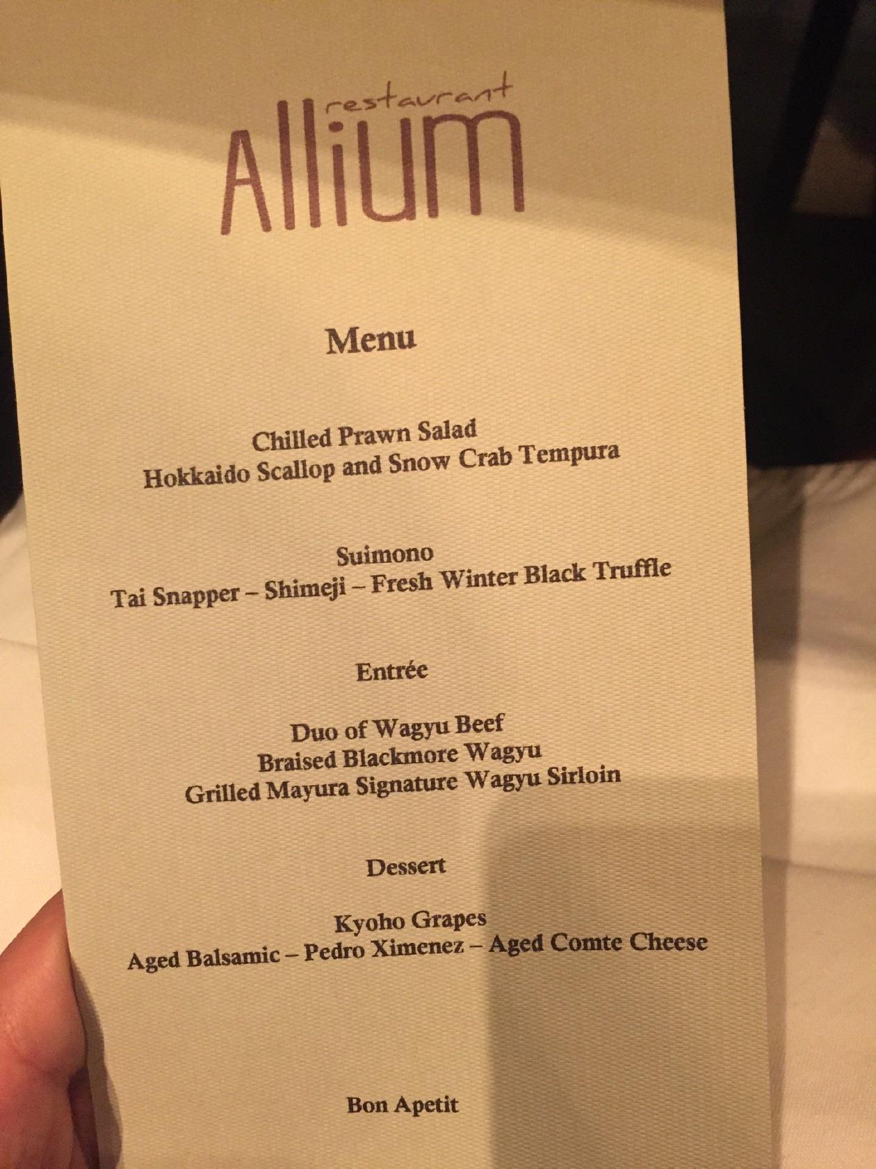 Carta de Allium Restaurant, Makati