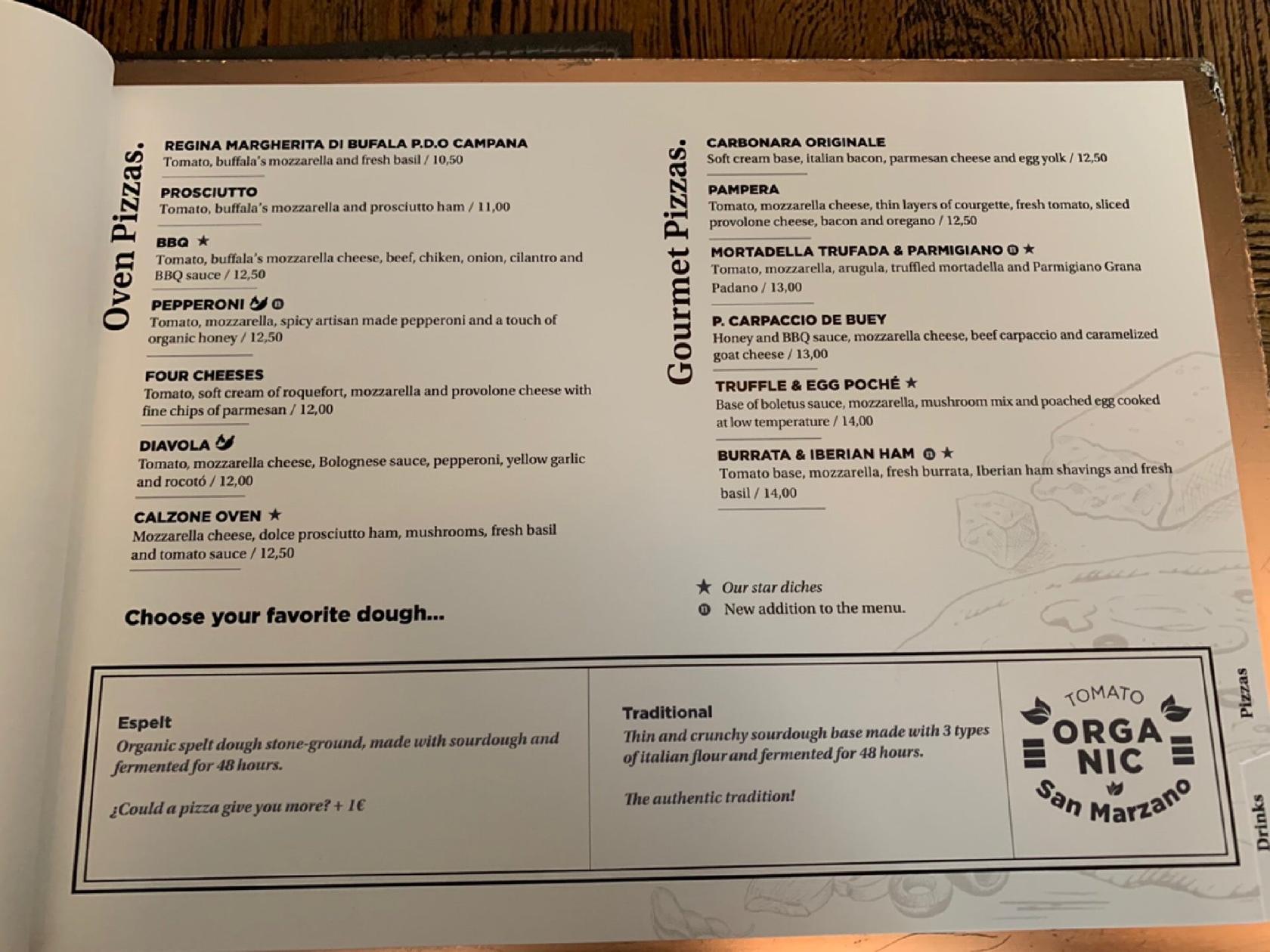 Carta de pizzería Oven Mozzarella Gran Vía 6, Madrid, C.Gran Vía