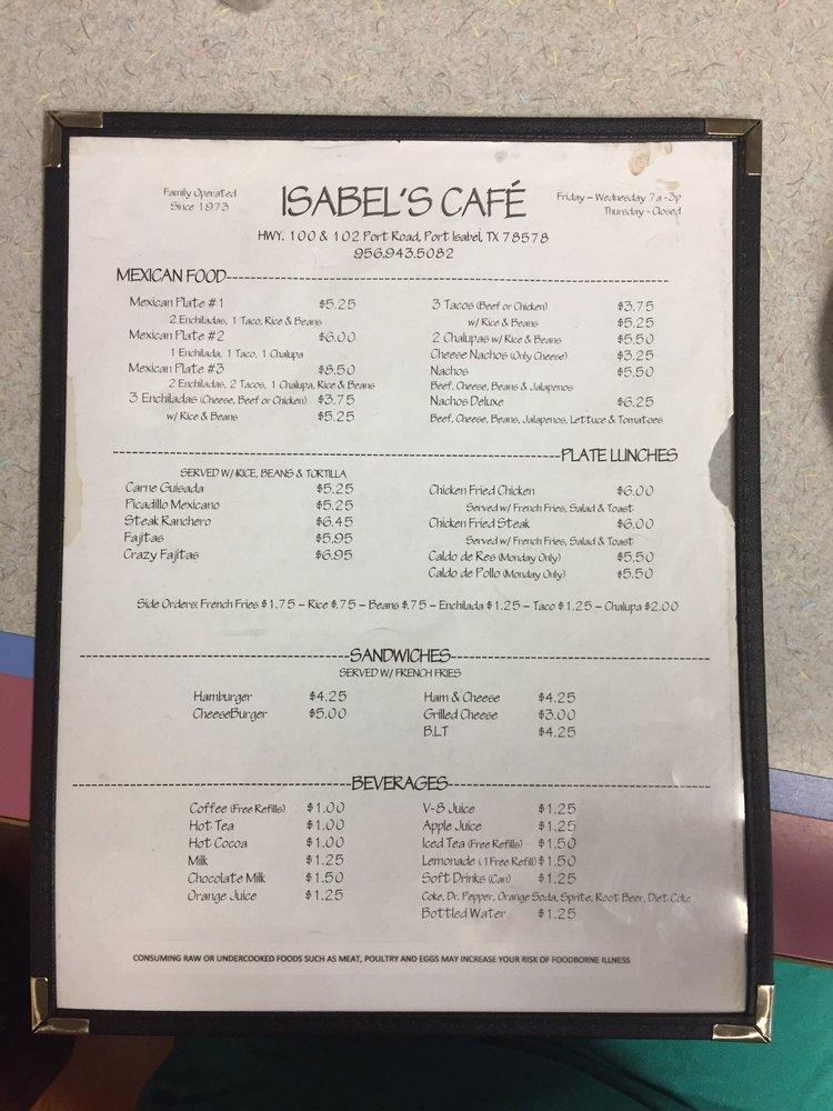 Menu at Isabel's Cafe, Port Isabel