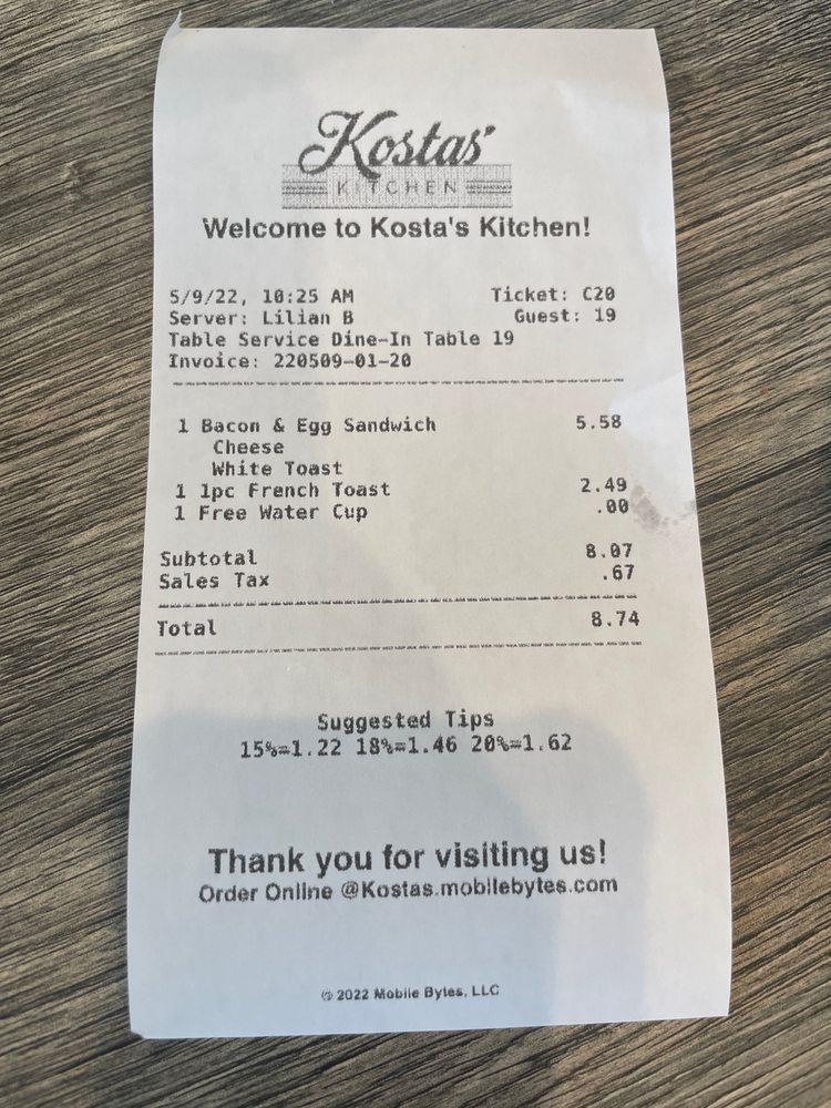 Menu at Kosta's Kitchen restaurant, Charlotte