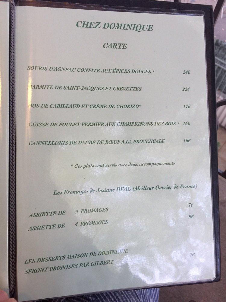 Menu at Chez Dominique restaurant, Fontaine-de-Vaucluse