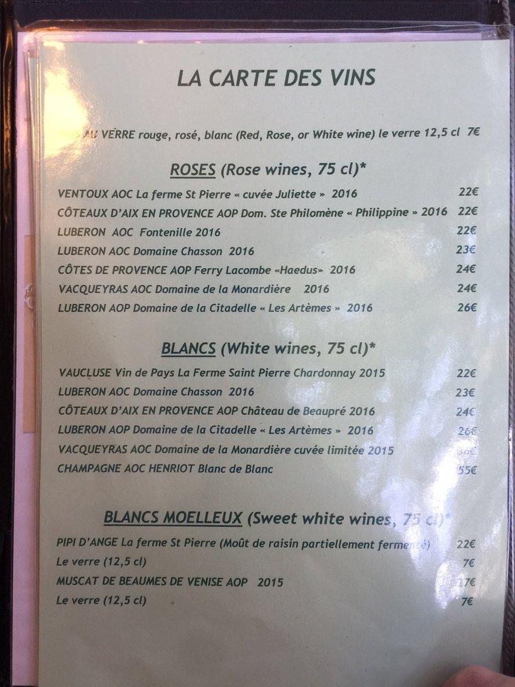 Menu at Chez Dominique restaurant, Fontaine-de-Vaucluse