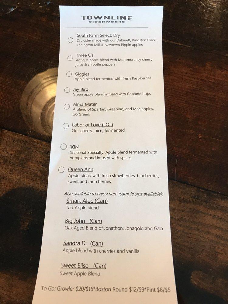 Menu at Townline Ciderworks pub & bar, Elk Rapids, US-31 S