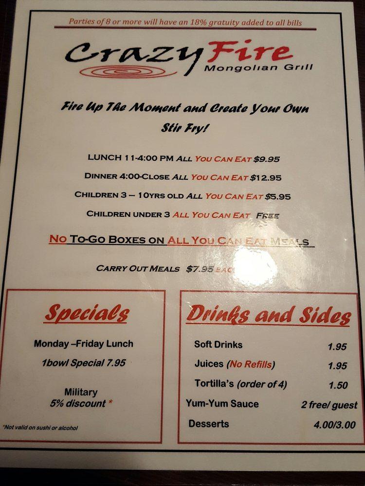 Menu at Crazy Fire Mongolian Grill restaurant, Fayetteville