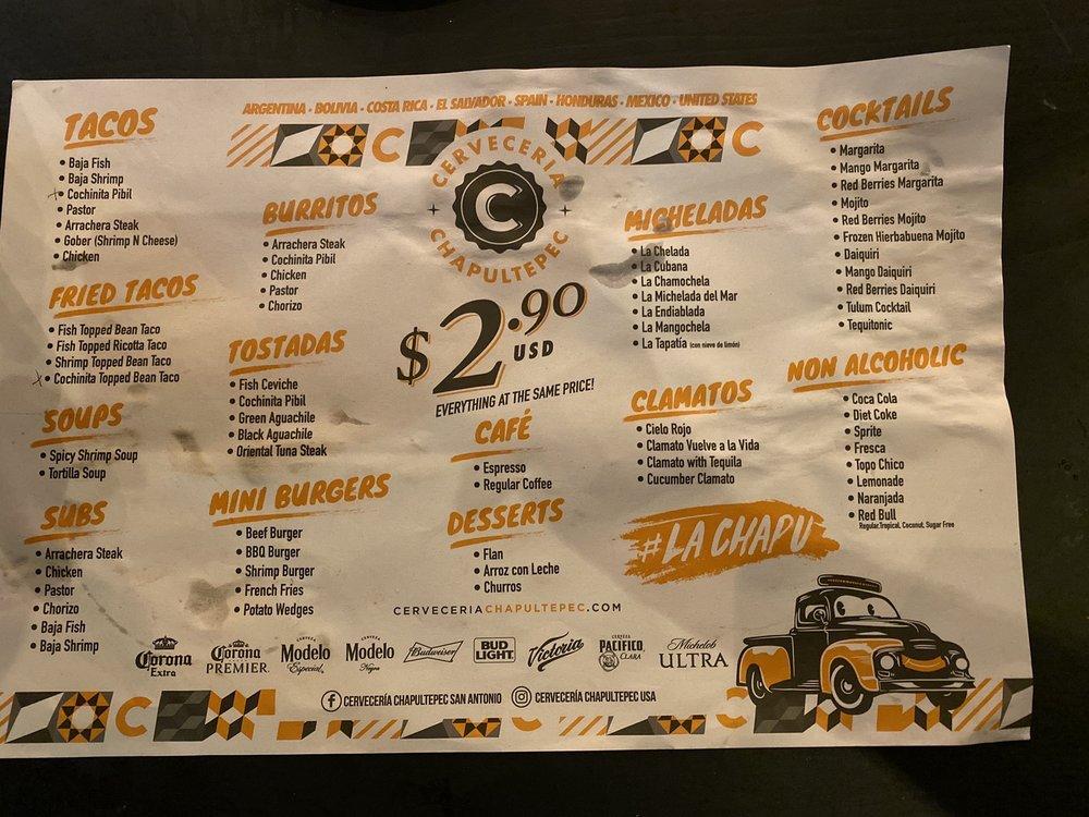 Menu at Cerveceria Chapultepec restaurant, San Antonio, 906 E Elmira St