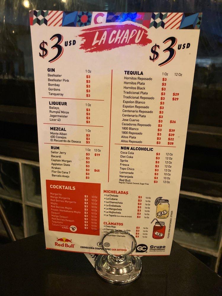 Menu at Cerveceria Chapultepec restaurant, San Antonio, 906 E Elmira St
