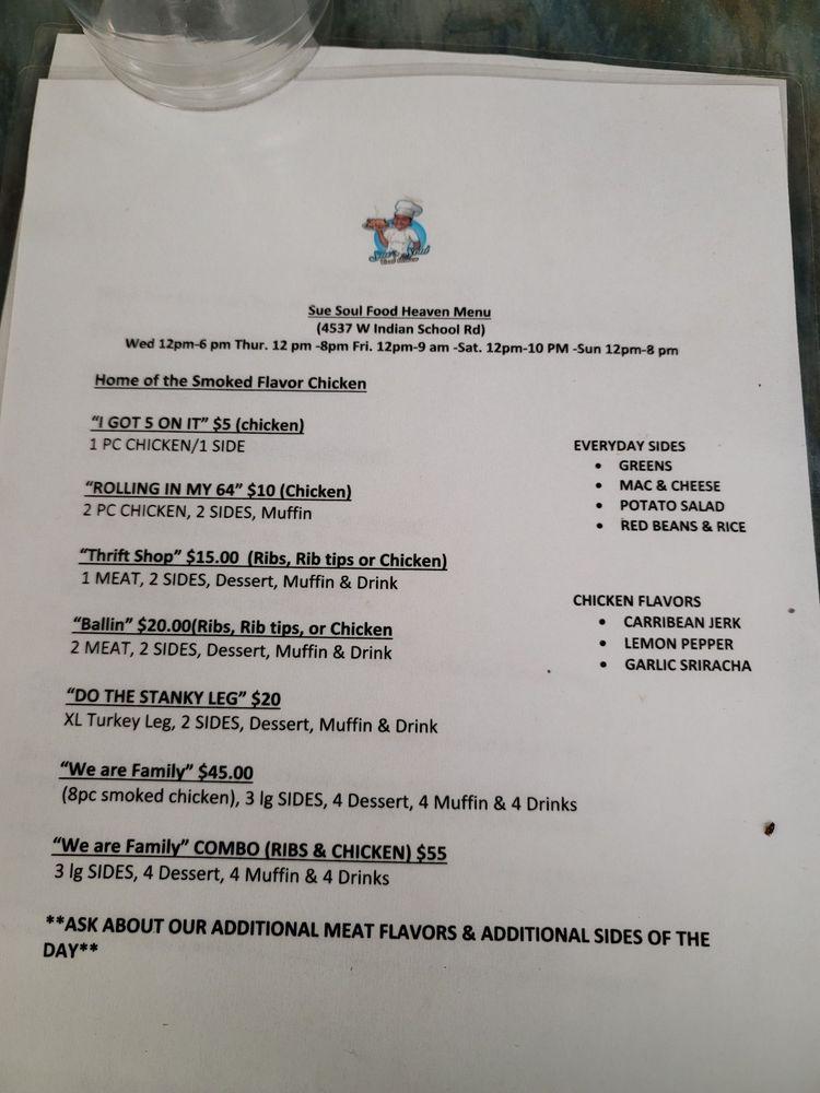 Menu at Sue Soul Food Heaven restaurant, Phoenix