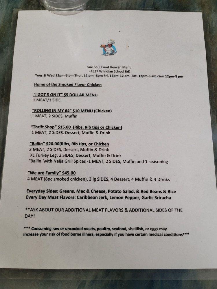 Menu at Sue Soul Food Heaven restaurant, Phoenix