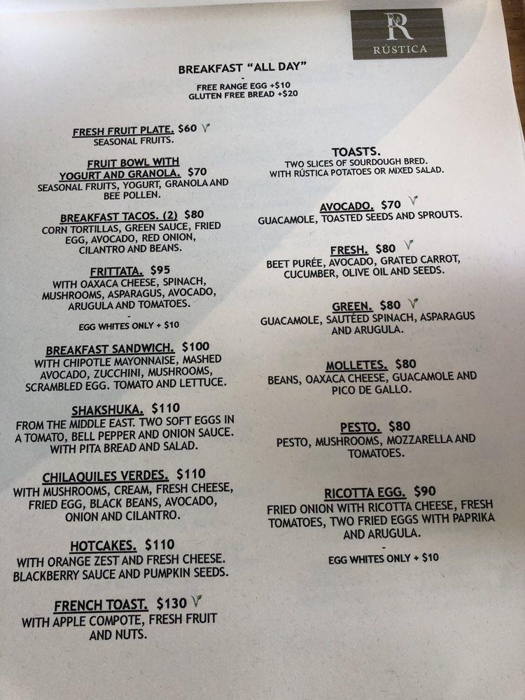 Menu at Rustica restaurant, San Miguel de Allende