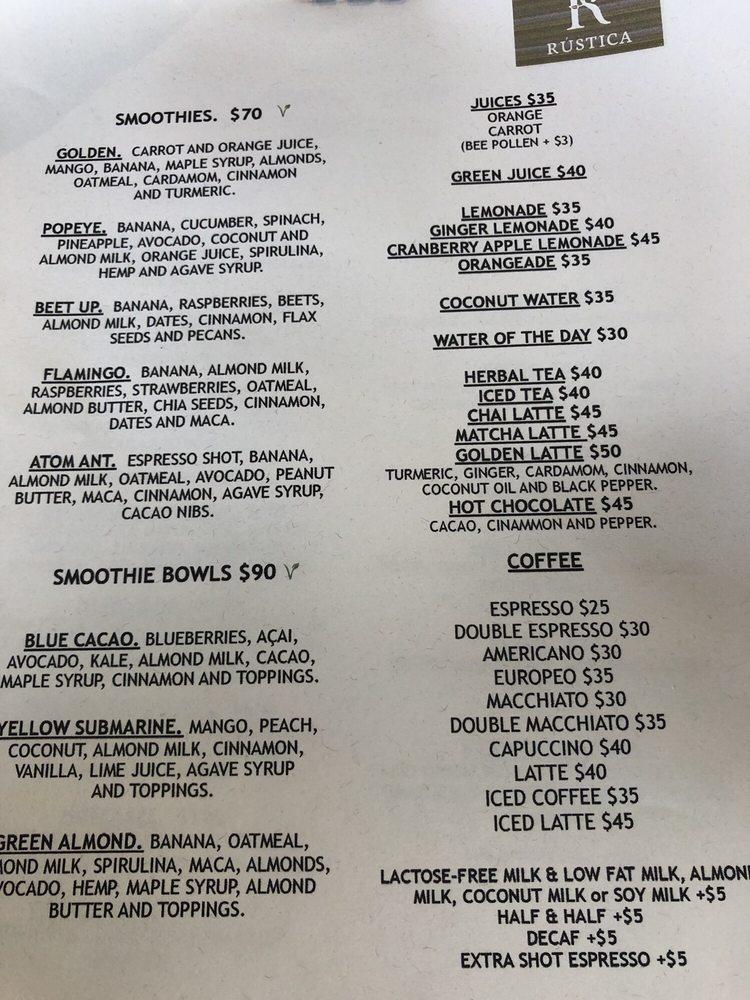 Menu at Rustica restaurant, San Miguel de Allende