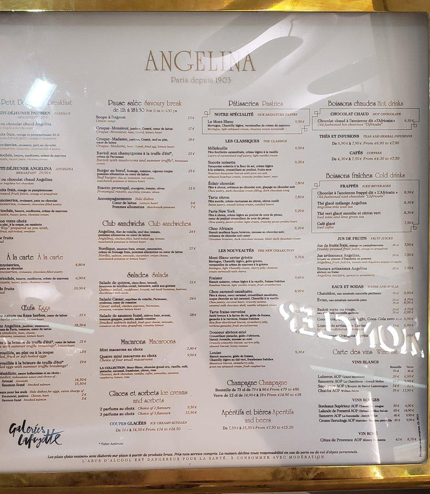 Menu at Angelina desserts, Paris, 40 Bd Haussmann