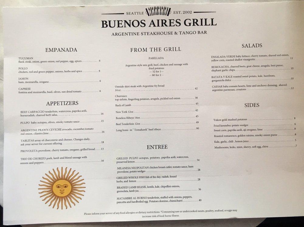 Menu at Buenos Aires Grill pub & bar, Seattle, 1st Ave