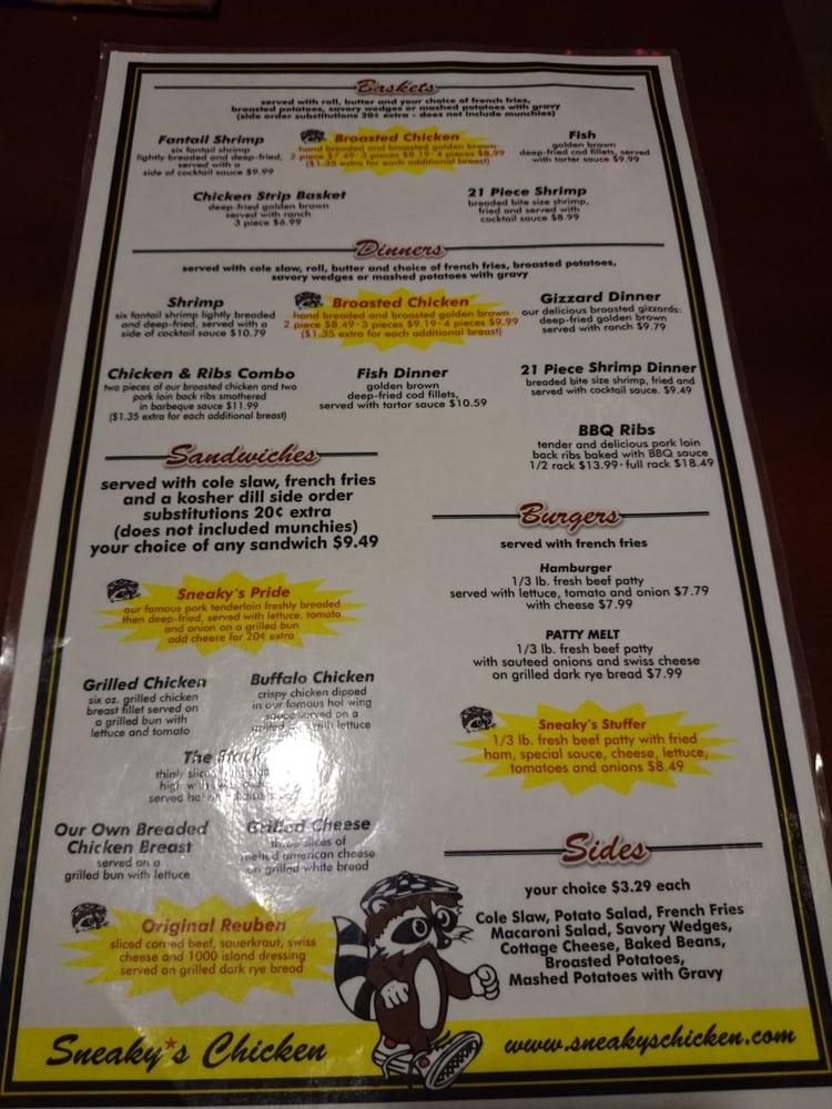 Menu at Sneaky's Chicken restaurant, Sioux City