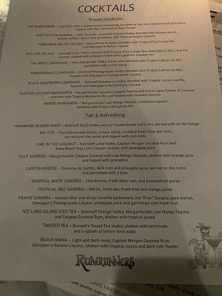 Menu at Rumrunners steakhouse, Cape Coral, Cape Harbour Dr