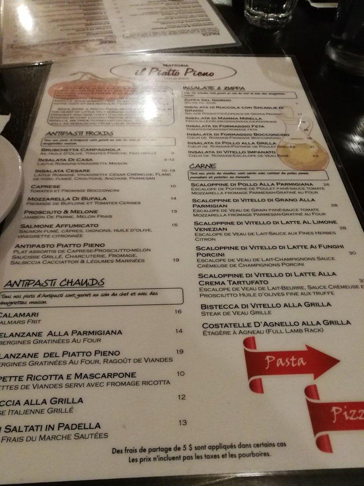 Menu au PIATTO PIENO restaurant, Montréal