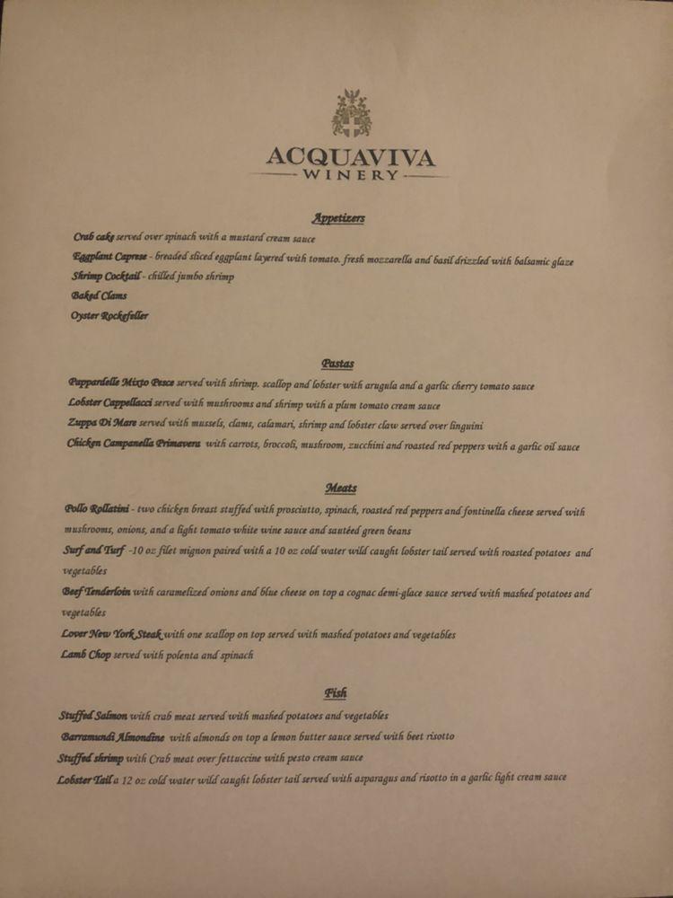 Menu at Acquaviva Winery & Ristorante Batavia restaurant, Batavia