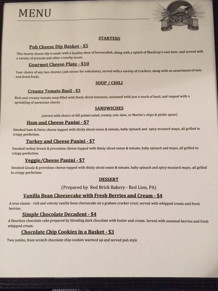 Menu at Black Cap Brewing Company restaurant, Red Lion