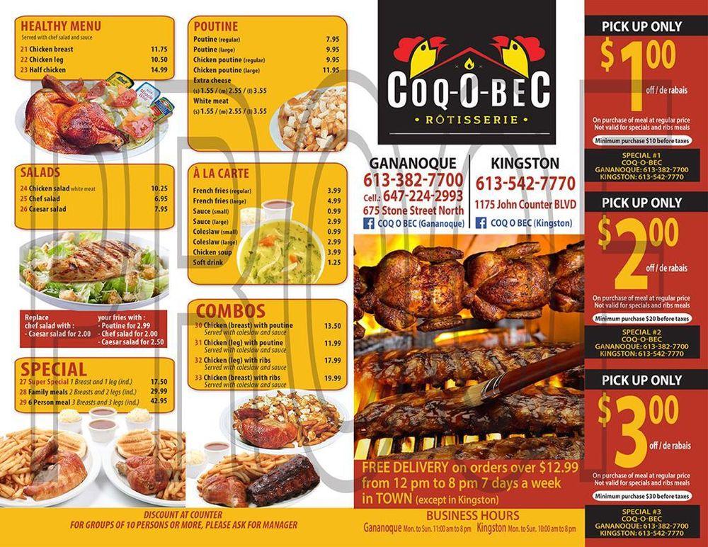 Menu at COQ-O-BEC ROTISSERIE CHICKEN BBQ, Kingston