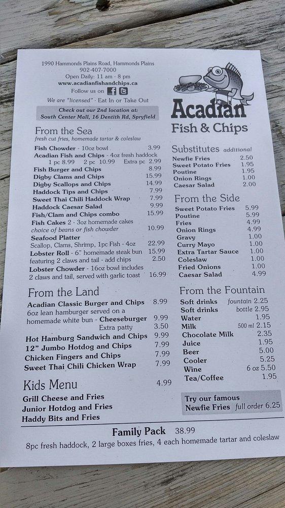 Menu au Acadian Fish and Chips & Enzo Pizzeria - Hammonds Plains, Upper ...