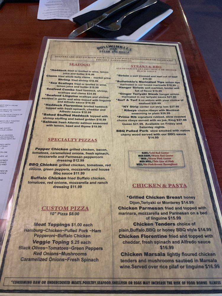 Menu at Bullwinkle's Steak House steakhouse, Waldoboro, Atlantic Hwy