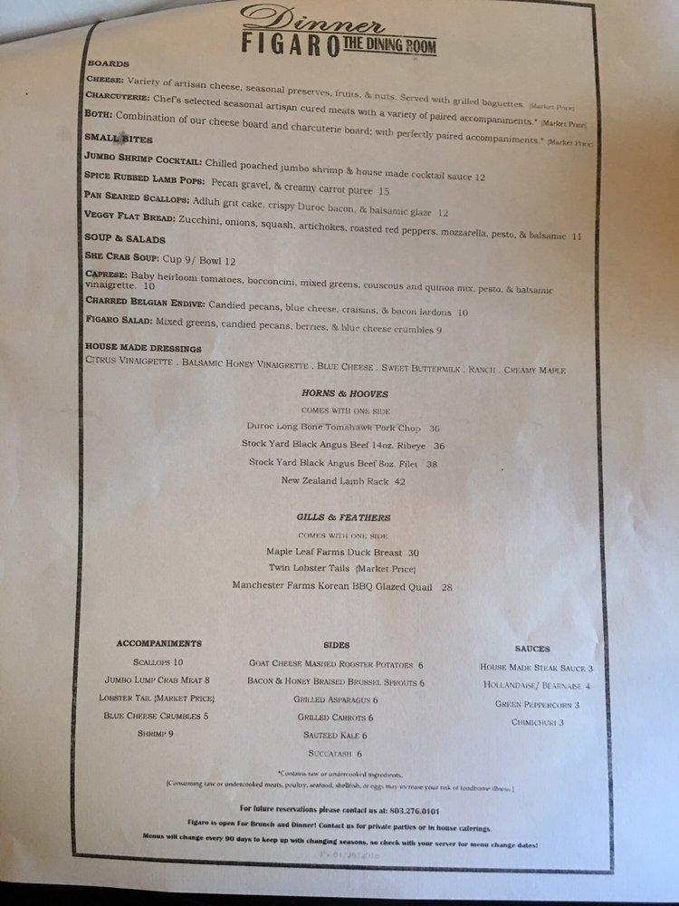 Menu at Figaro The Dining Room restaurant, Newberry