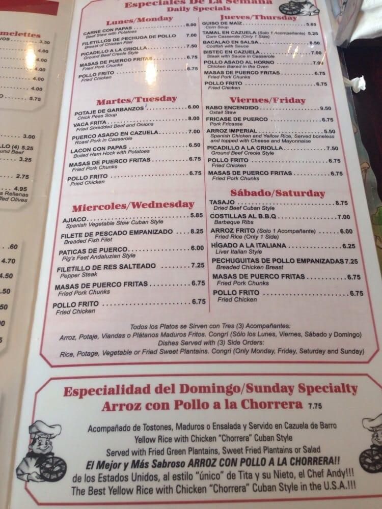 Menu at Yoyito Cafeteria Restaurant, Miami