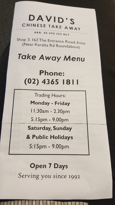 David's Chinese Take Away, Erina - Restaurant menu, prices and reviews
