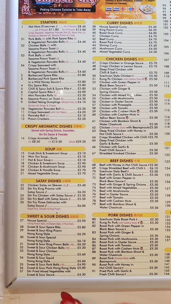 Menu at Golden City restaurant, Slough