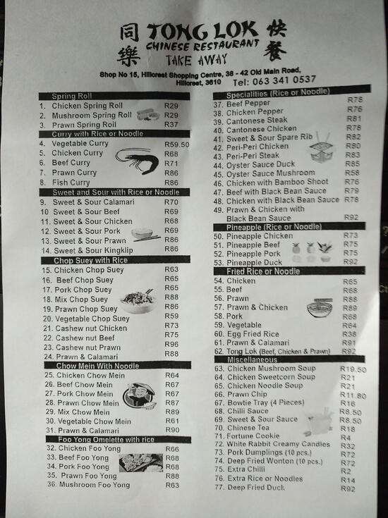 Menu at Tong Lok Chinese Restaurant, Hillcrest