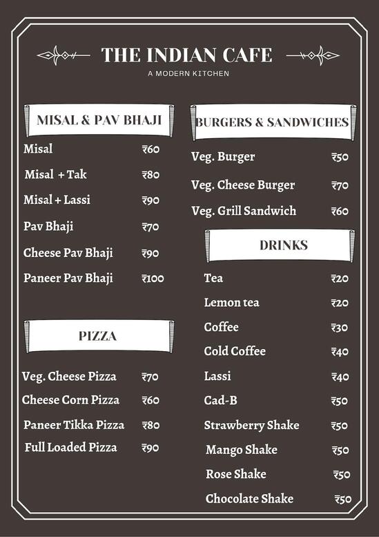 Menu at The Indian Cafe, Kolhapur