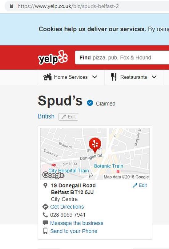 Menu at Spudz Belfast restaurant, Belfast, 19 Donegall Rd.