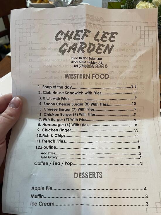Menu au Chef Lee Garden restaurant, Holden