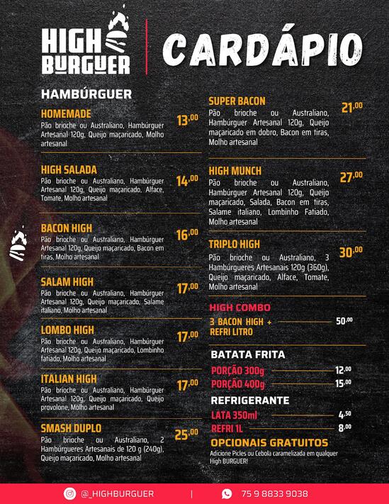 Menu at High Burguer restaurant, Feira de Santana