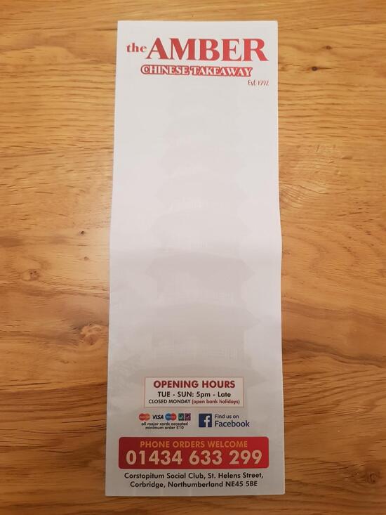 Carta de comida rápida The Amber Chinese Takeaway, Corbridge