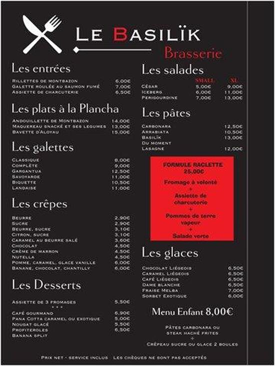 Carta de Le Basilïk Restaurant, Montbazon
