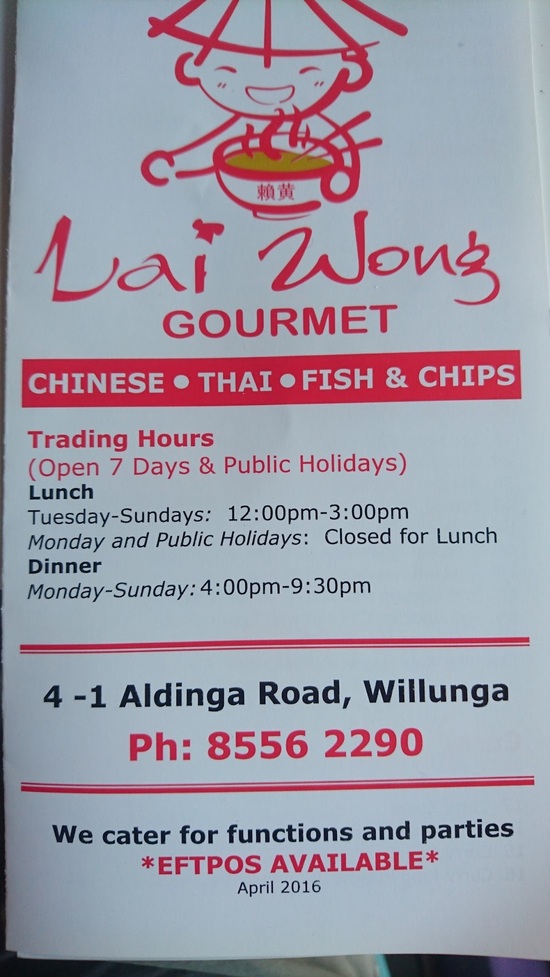 Menu at Lai Wong Gourmet fast food, Willunga