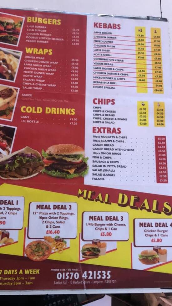 Carta del restaurante Oscar’s Den, Lampeter, College St