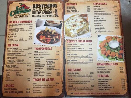 Menu at Los Corrales Castaños restaurant, Monclova