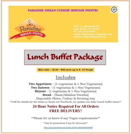 Carta del restaurante Paradise Indian Cuisine (Biryani Pointe), Greenacres