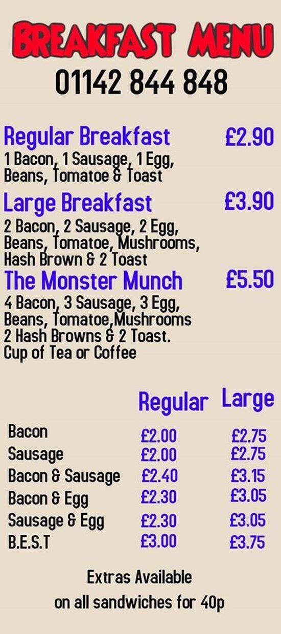 Menu at MUNCH CAFE AND COFFEE SHOP, Sheffield, 13 Wortley Rd