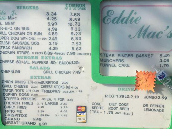 Menu at Eddie Mac's restaurant, Sherman