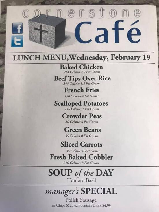 Menu at Cornerstone Cafe at Methodist Rehab, Jackson