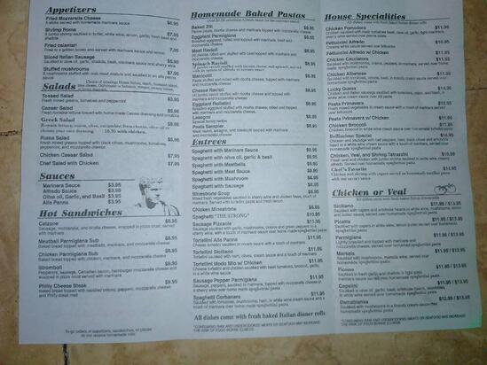 Menu at Bellissimo restaurant, Emporia