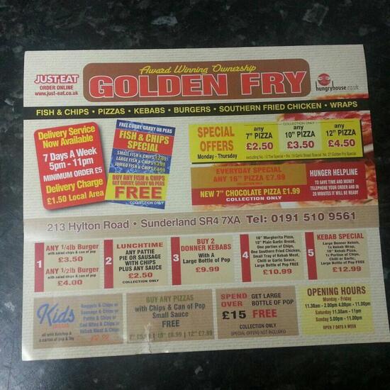 Menu at Golden Fry fast food, Sunderland, 213 Hylton Road